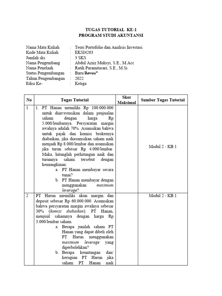 Tugas 1 - Teori Portofolio Dan Analisis Investasi | PDF