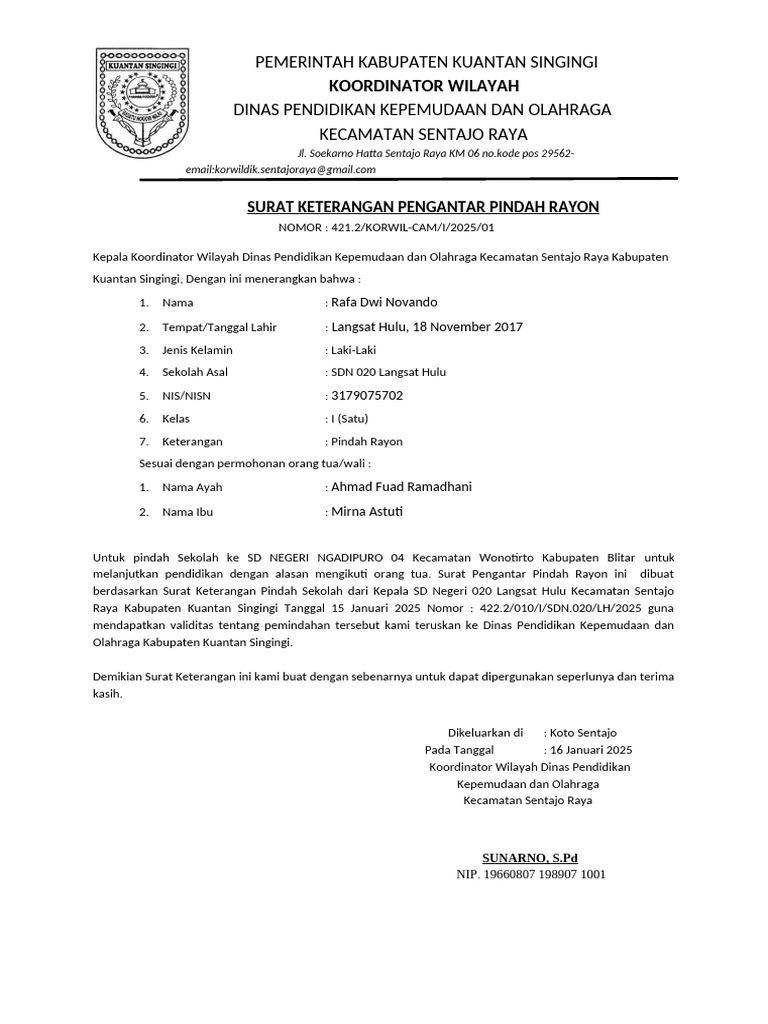 Surat Ket Pindah Rayon SD 010 | PDF