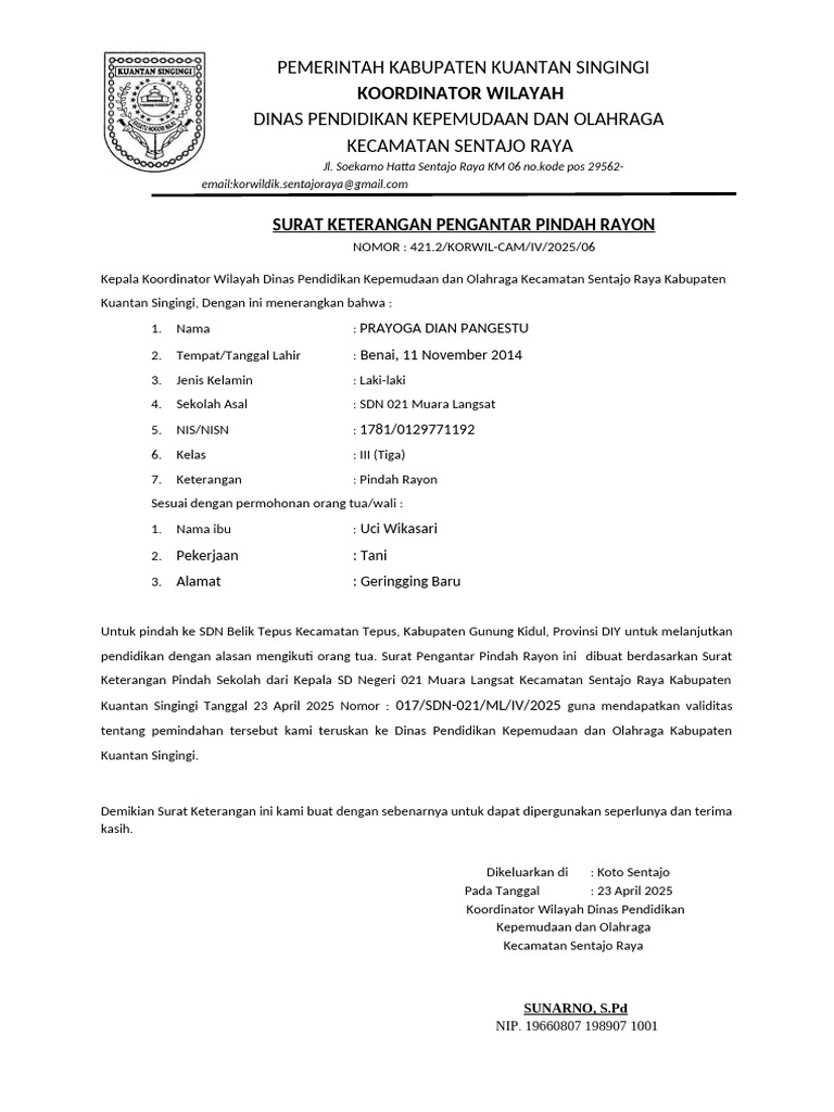 Surat Ket Pindah Rayon SD 021 | PDF