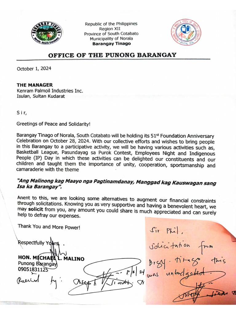 Brgy. Tinago Solicitation Letter | PDF
