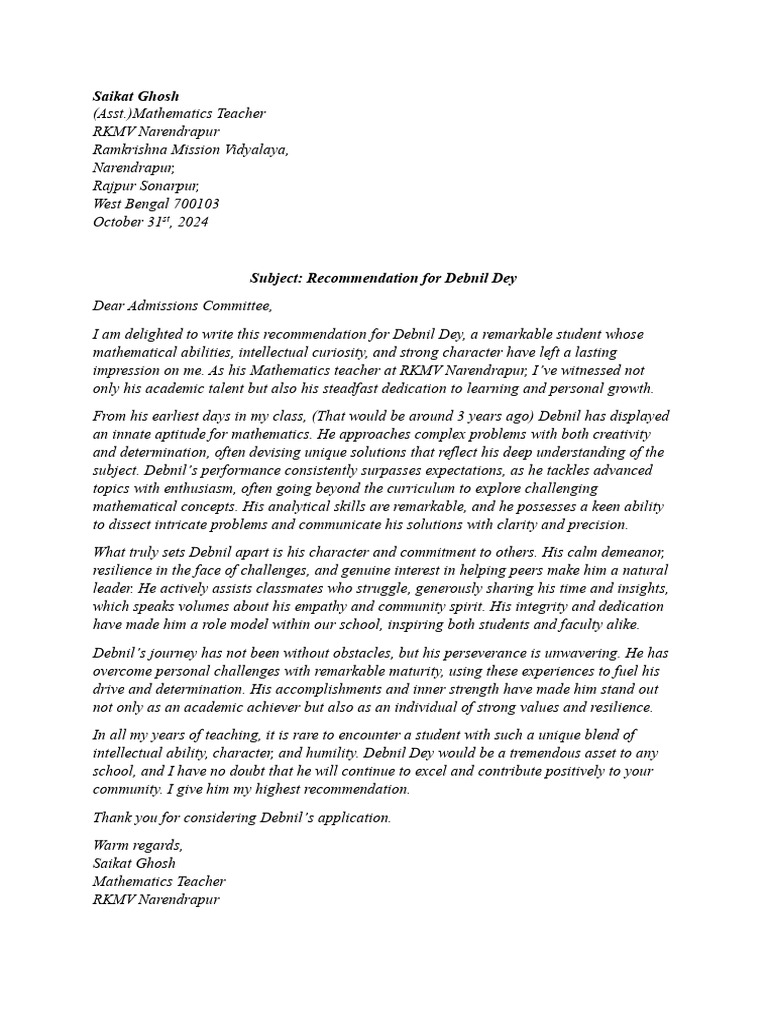 Sample Mathematics Reccomendation Letter For Teachers | PDF