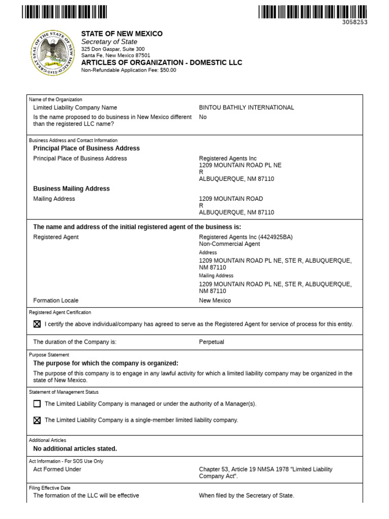 New Mexico LLC Articles of Organization | PDF | Registered Agent ...