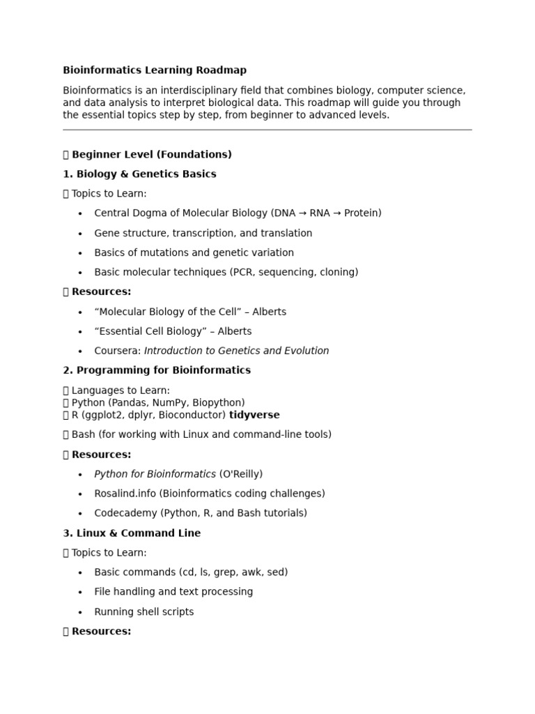 Bioinformatics Learning Roadmap | PDF | Bioinformatics | Molecular Biology