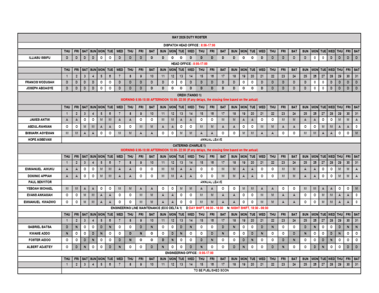 May 2025 Duty Roster Schedule | PDF
