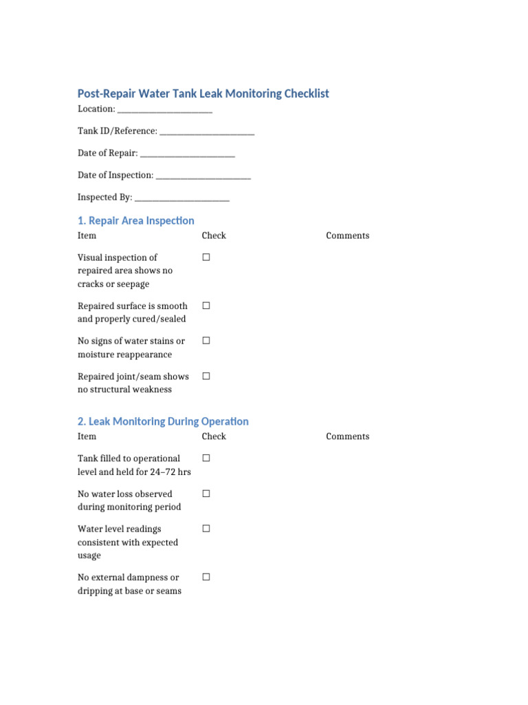 Post-Repair Water Tank Leak Checklist | PDF