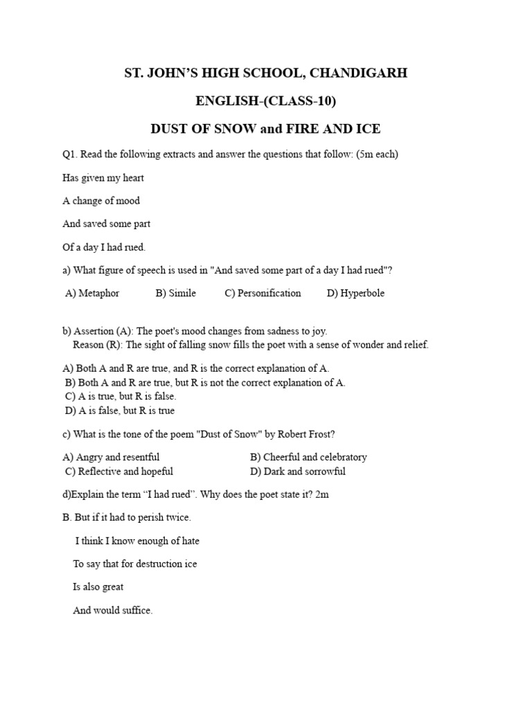 DUST OF SNOW and FIRE AND ICE (WORKSHEET) | PDF