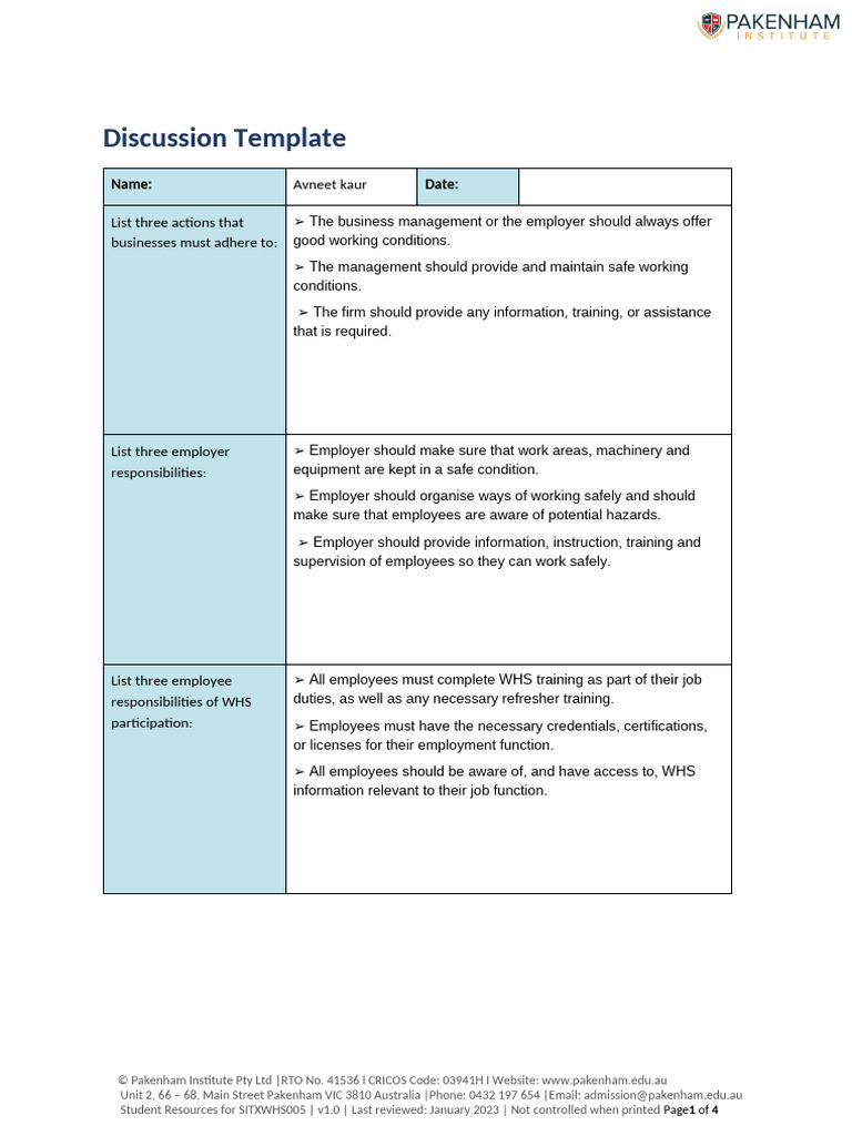 SITXWHS005 Discussion Template | PDF | Occupational Safety And Health ...
