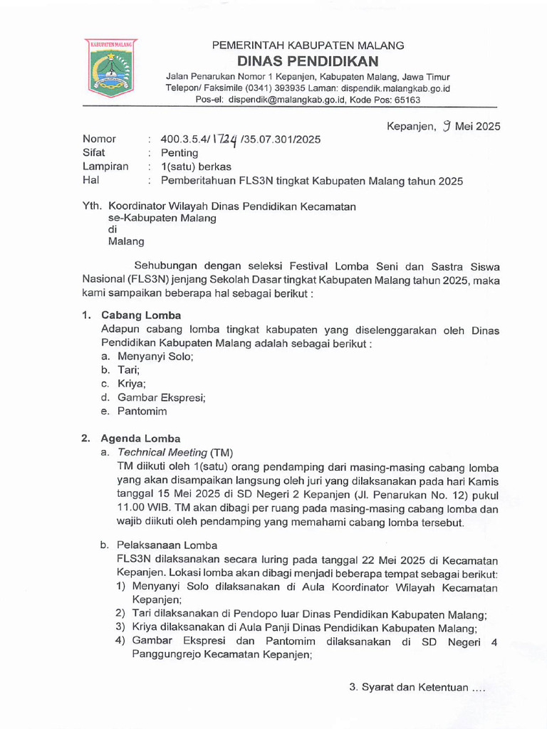 Pemberitahuan FLS3N-SD Kab Malang | PDF