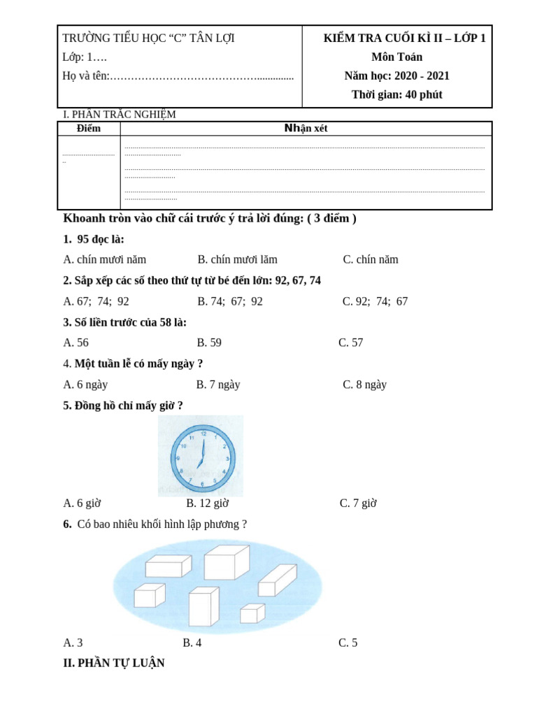 ĐỀ THI HKII LỚP 1 | PDF