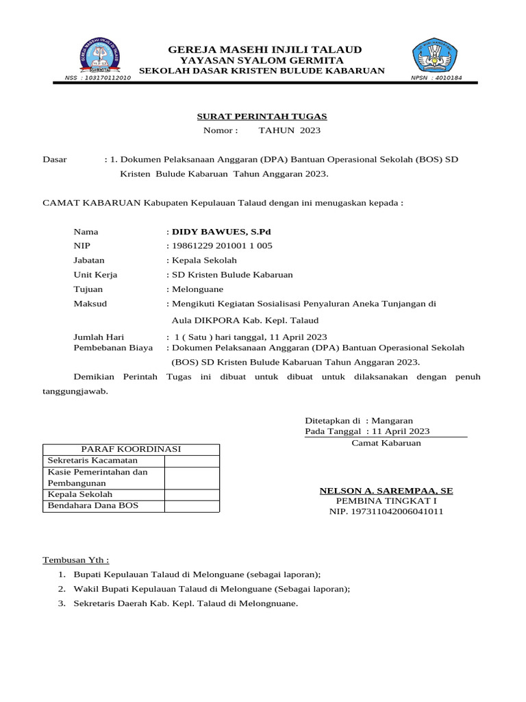 Surat Tugas Dan SPPD Kepsek Sosialisasi Penyaluran Aneka Tunjangan 11 April 2023 | PDF