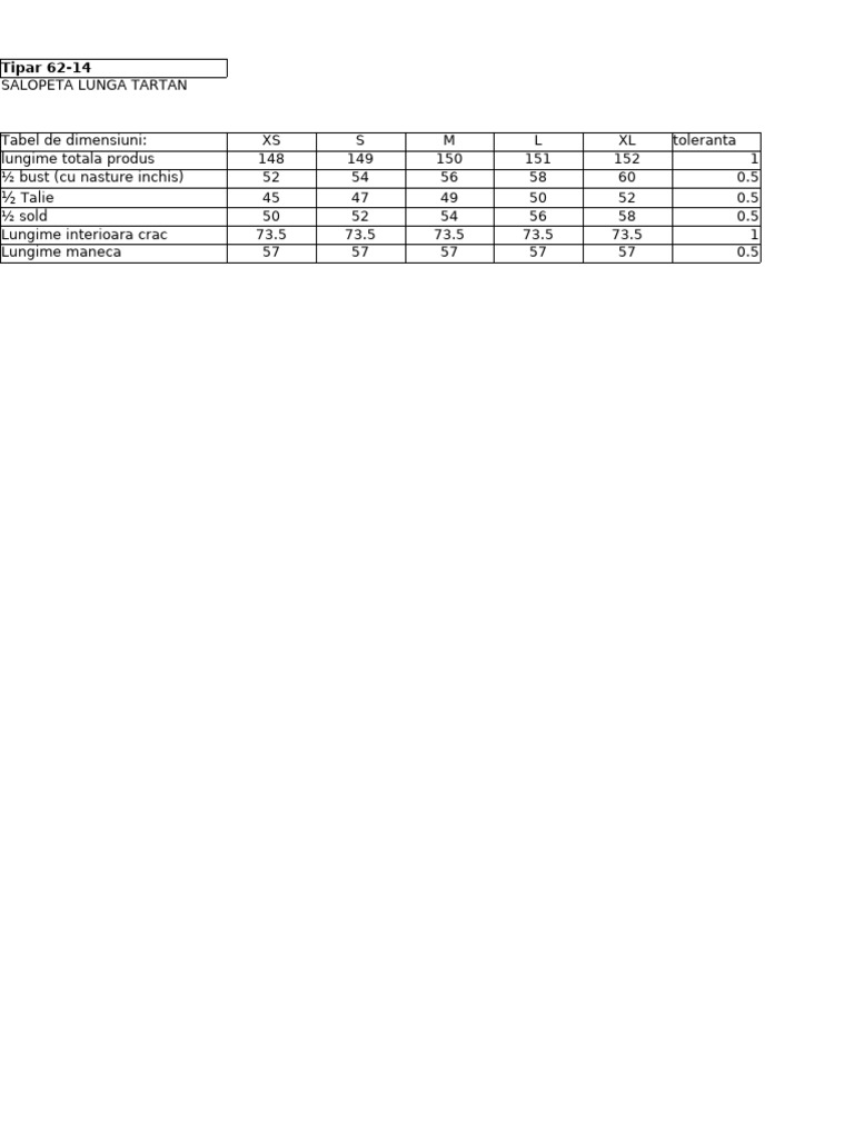 Tabele de Dimensiuni Tipar 62-14 | PDF