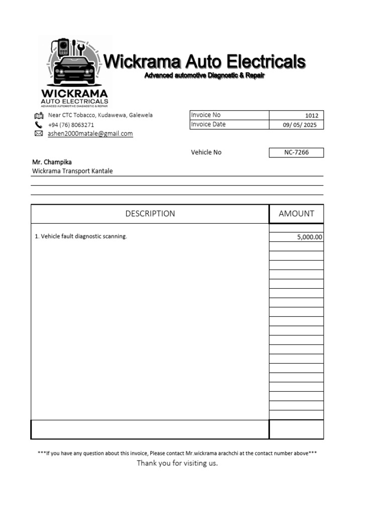 Wickrama Auto Electricals Invoice Excel File (1) 1012 | PDF