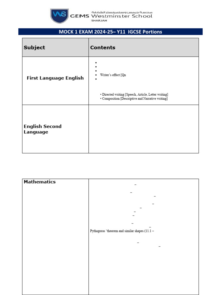 Y11 IGCSE Mock Exam Portions 2024-25 | PDF | Chemistry | Physics
