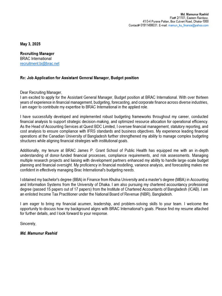 Job Application For Assistant General Manager, Budget Position | PDF ...