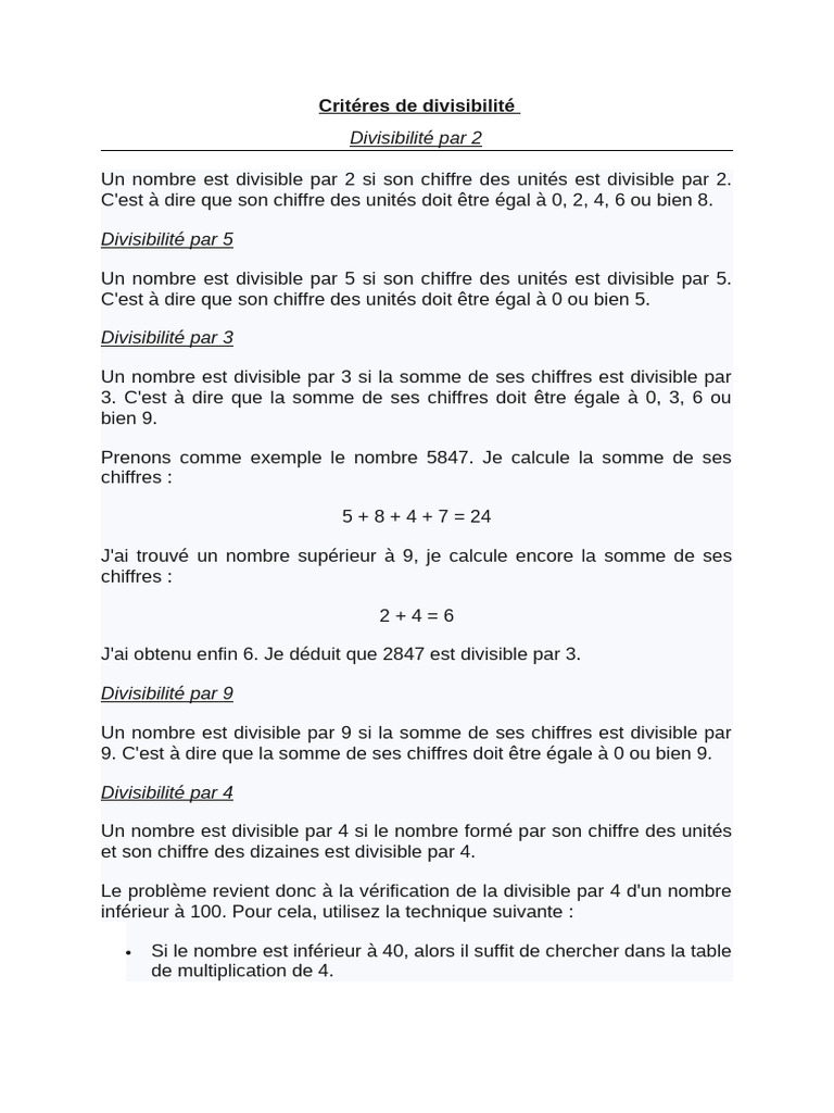 Critères de divisibilité expliqués | PDF | Mathématiques