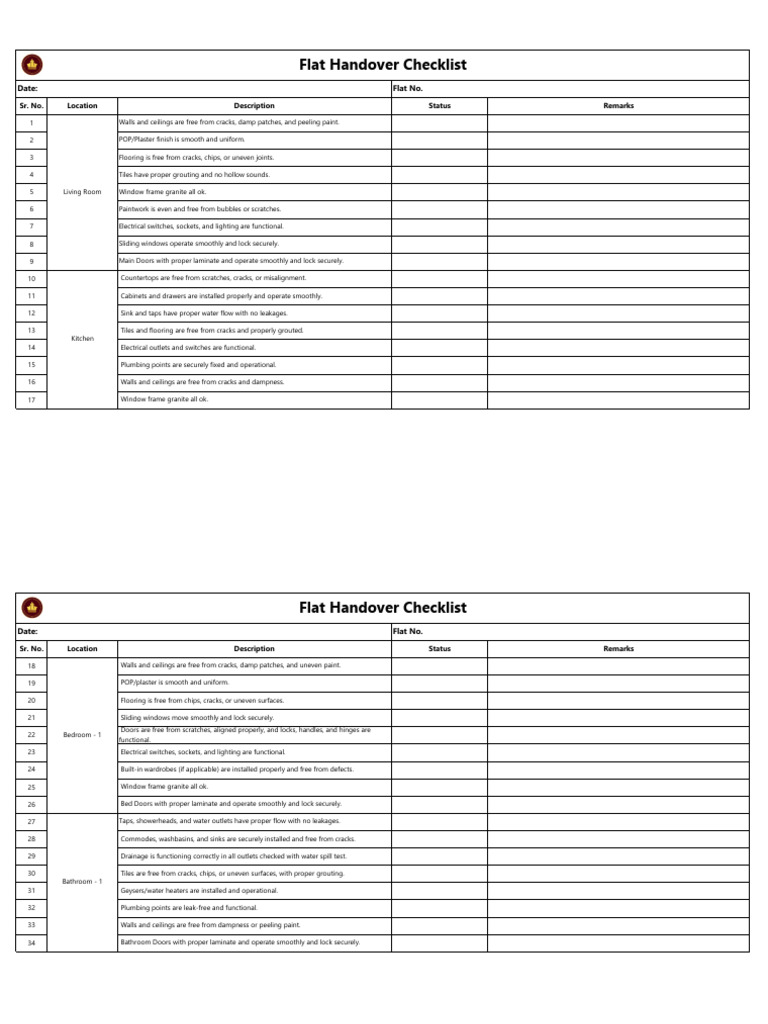 Flat Handover Inspection Checklist | PDF | Bathroom | Sink