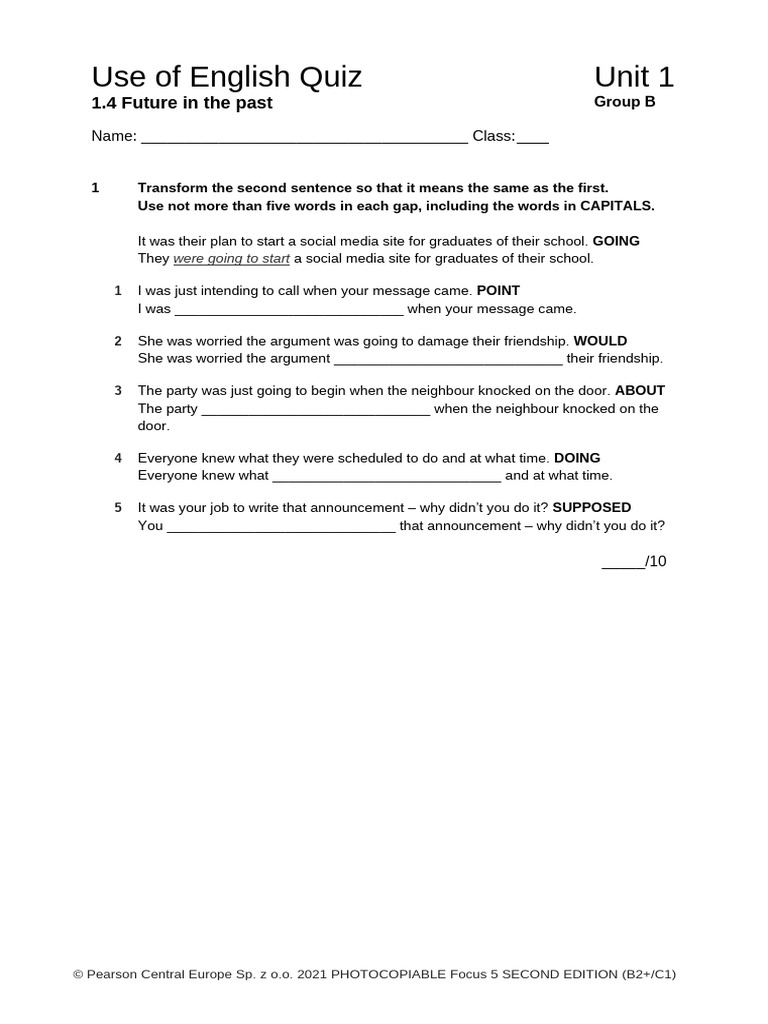Focus5 2E Use of English Quiz Unit1.4 GroupB 1kol | PDF