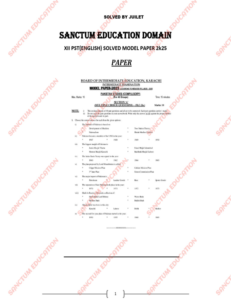 Xii Pst(English) Solved Model Paper 2025 - Sanctum Education | PDF