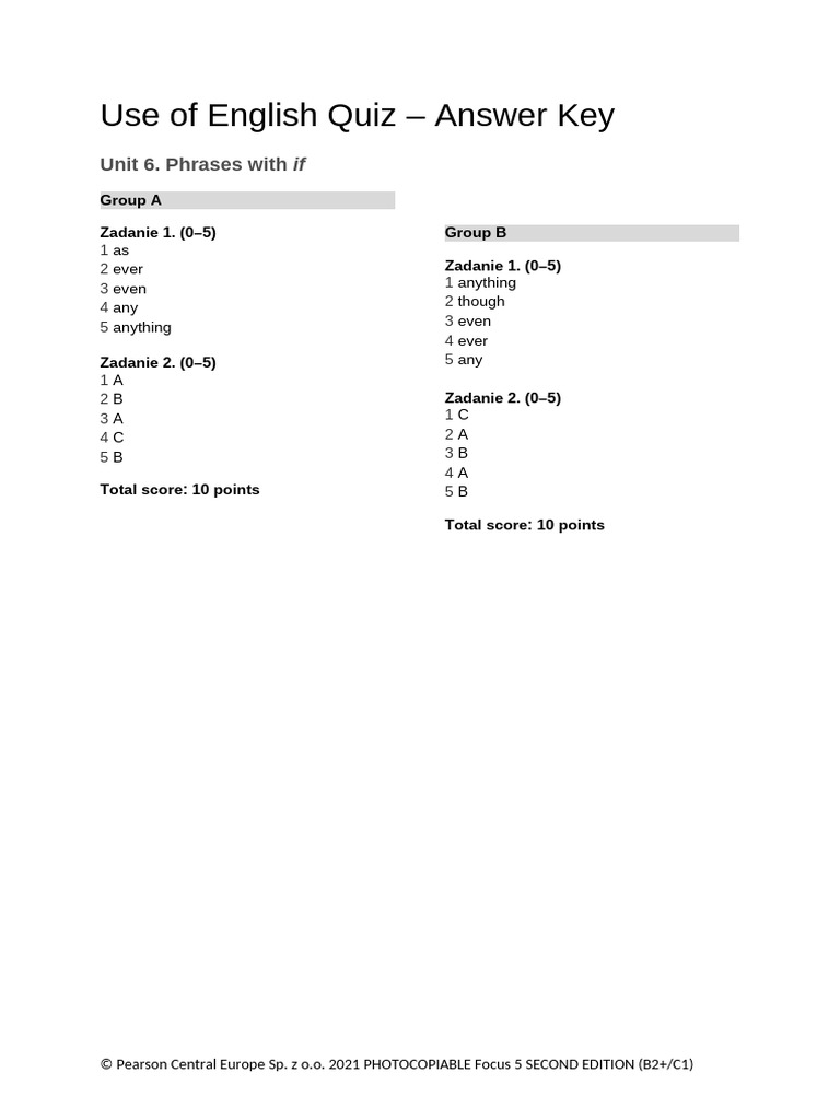 Focus5 2E Use of English Quiz Unit6.4 GroupA&B ANSWERS | PDF
