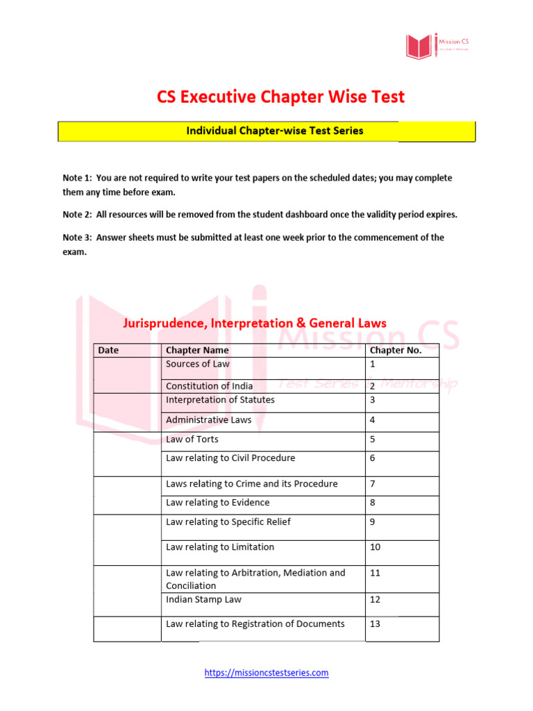 Cs Executive Chapter Wise Test Series-Schedule | PDF | Taxes ...