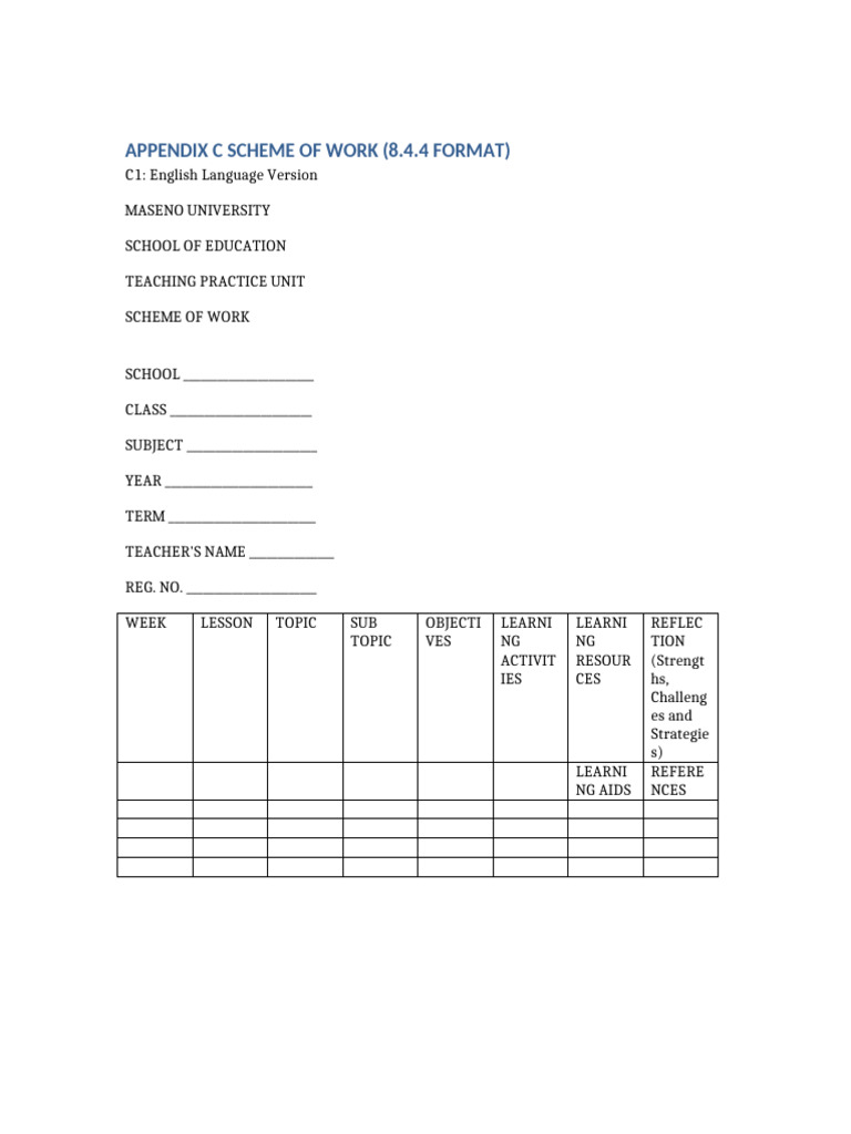 Scheme of Work Template | PDF
