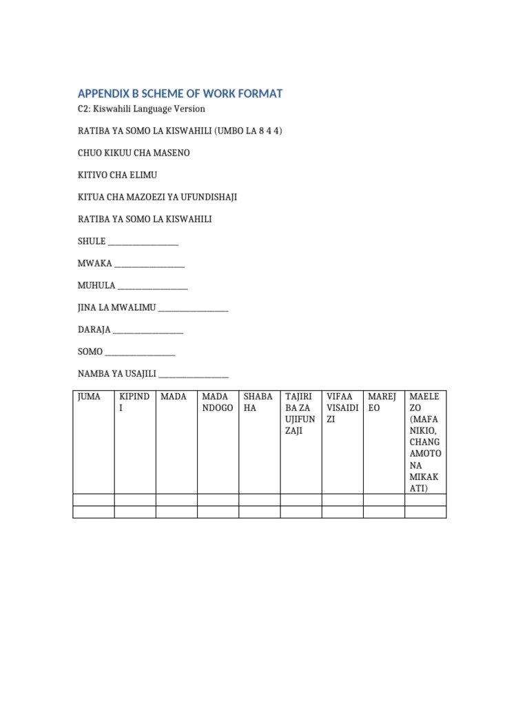 Scheme of Work Format Kiswahili | PDF