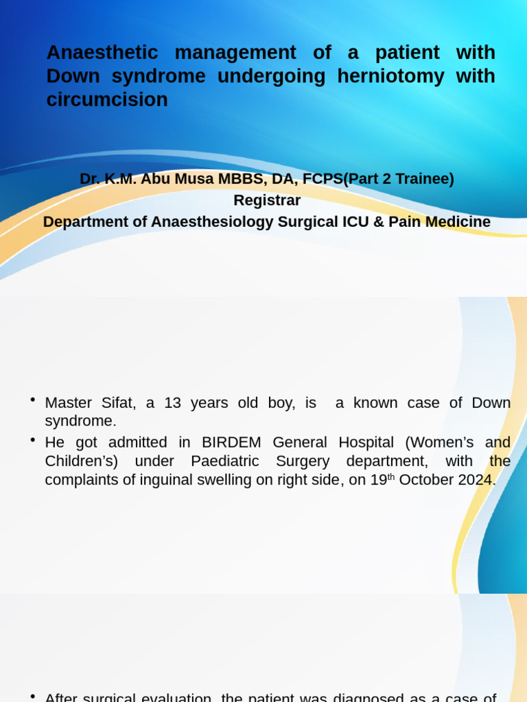 Anesthetic Management of A Patient With Down Syndrome | PDF | Anesthesia | Down Syndrome