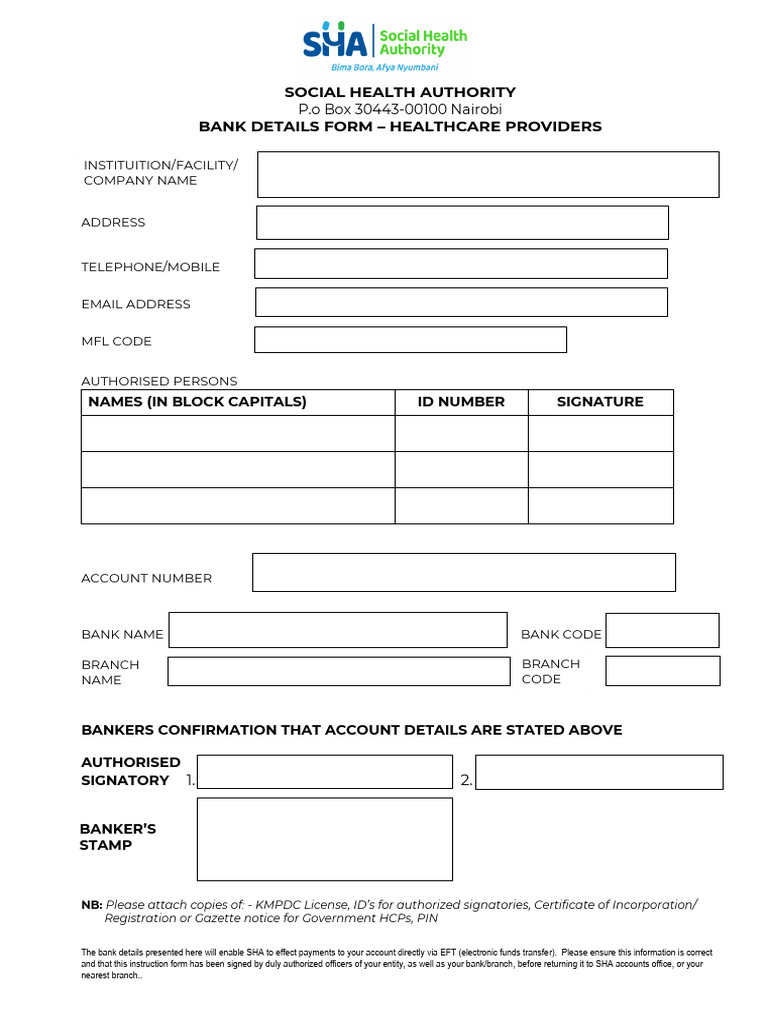 SHA Bank Details Form for Providers | PDF