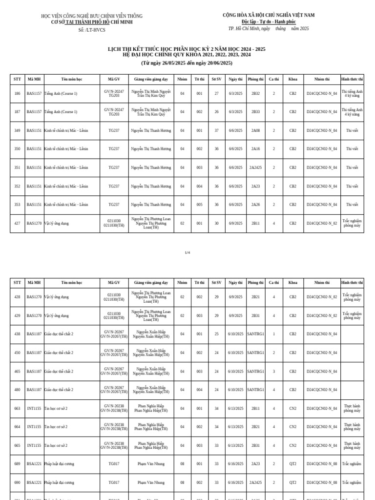 Lich Thi HK2 (2024 - 2025) - DHCQ | PDF