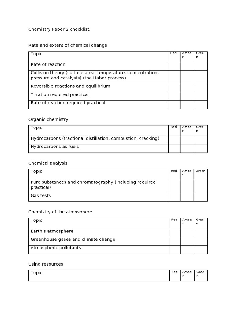 Chemistry Paper 2 Study Checklist | PDF