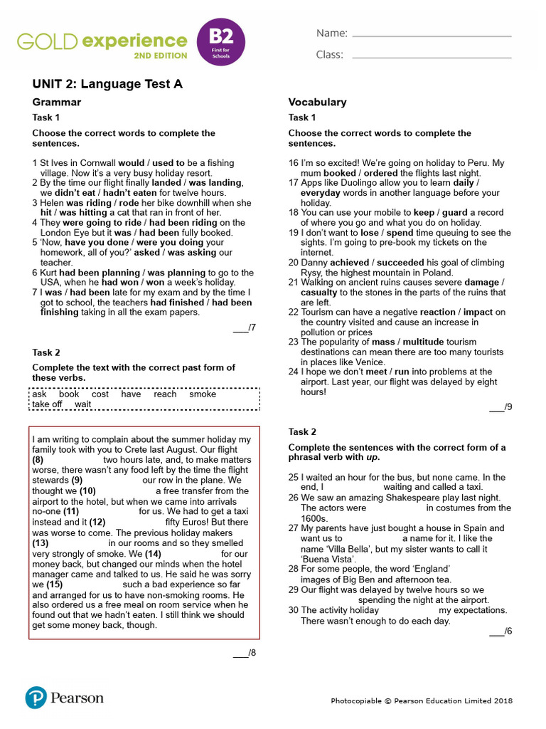 Gold Exp B2 Unit 2 Language Test A | PDF | Tourism