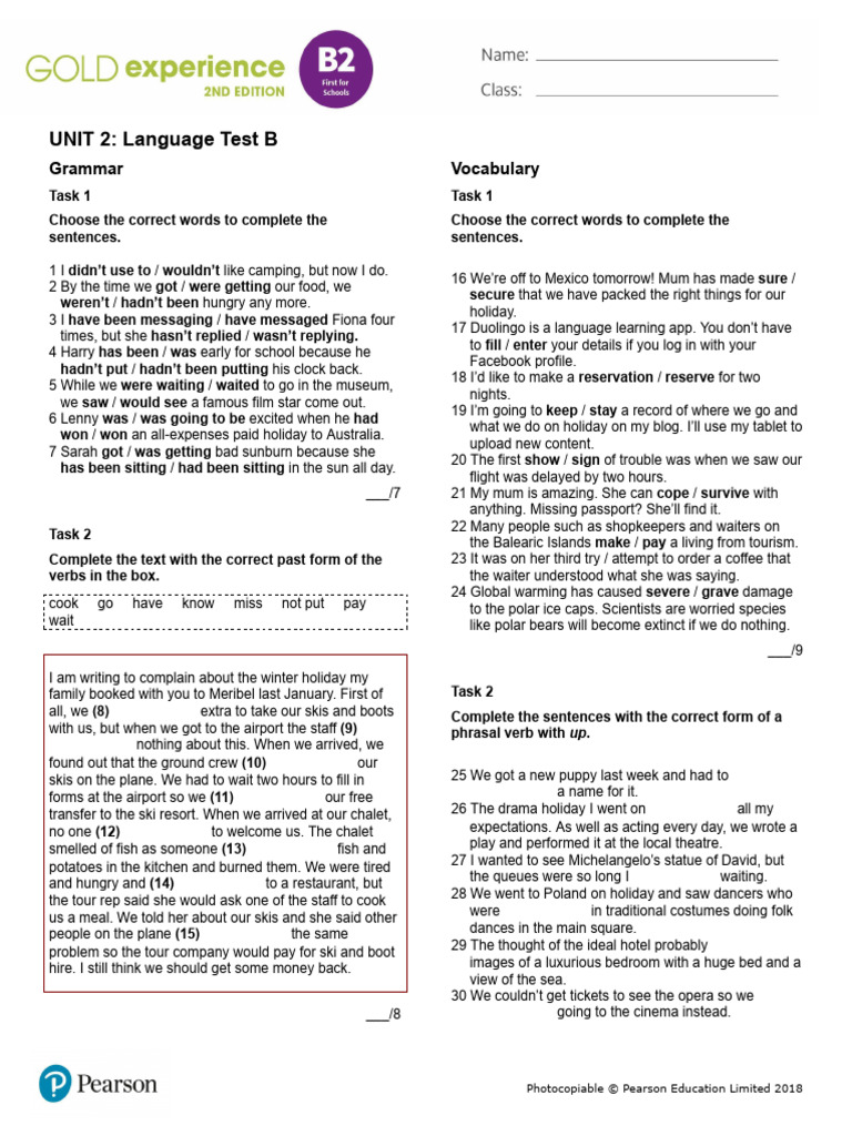 Gold Experience B2 Unit 2 Test Answers | PDF