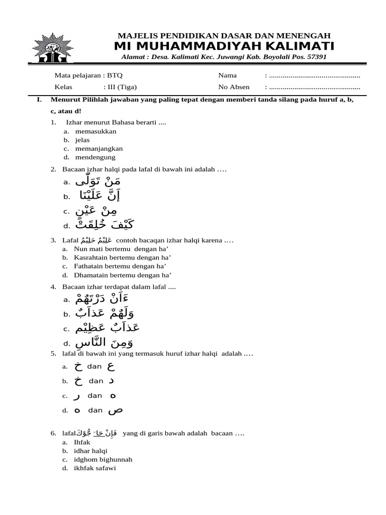 Tugas BTQ Kelas 3: Fathatain dan Ihfak | PDF