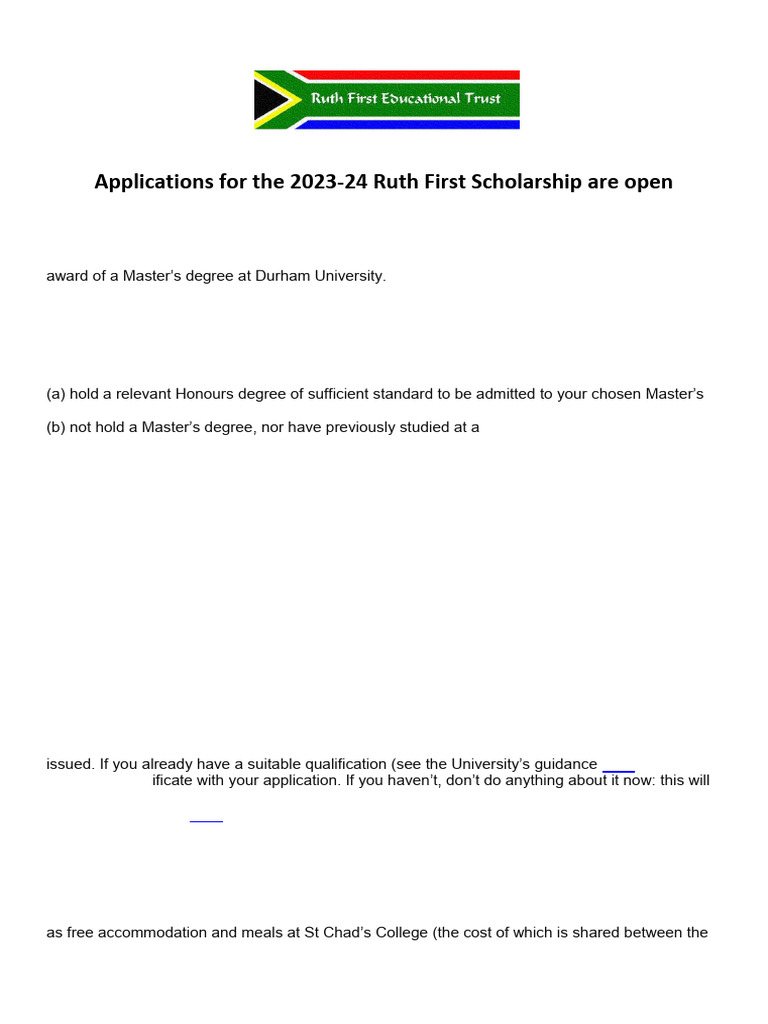 2023-24 Ruth First Scholarship Open | PDF | Master's Degree | Academic ...