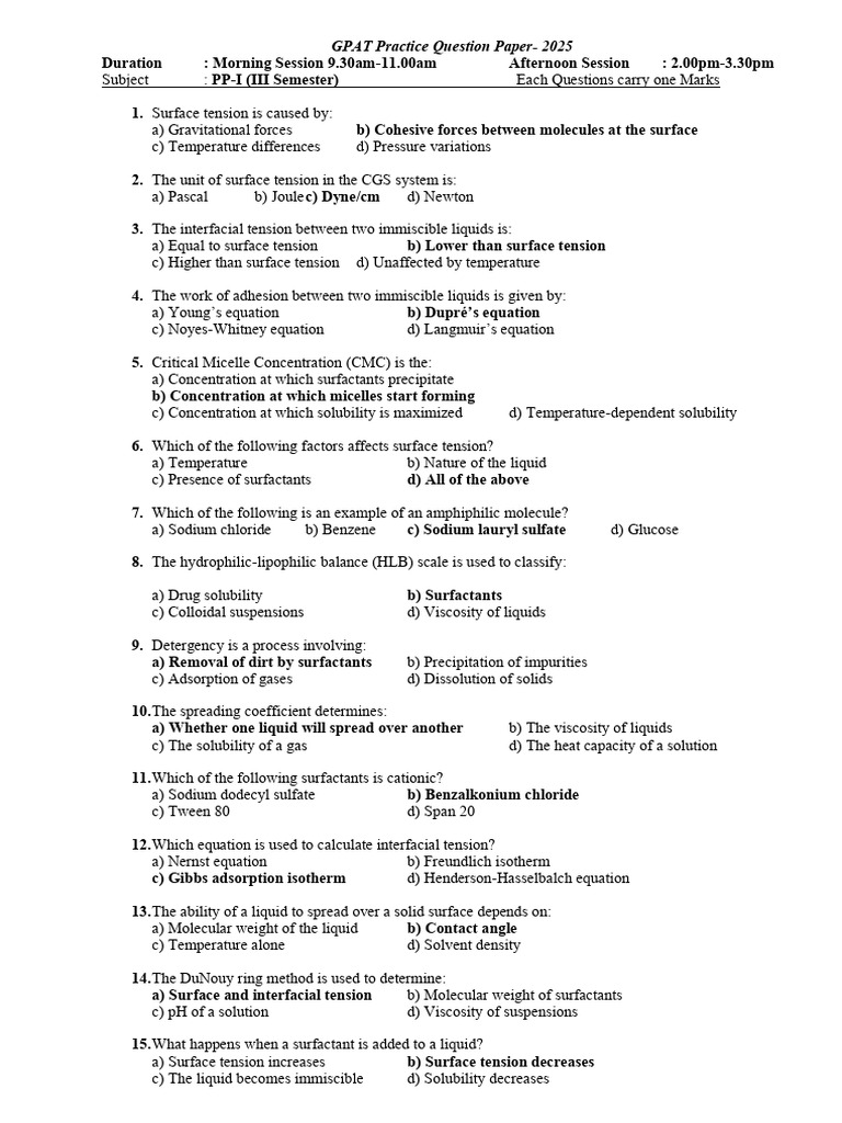 GPAT MCQ & Ans 22.04 PP I CHAPTER III, IV & V | PDF | Surfactant | Buffer Solution