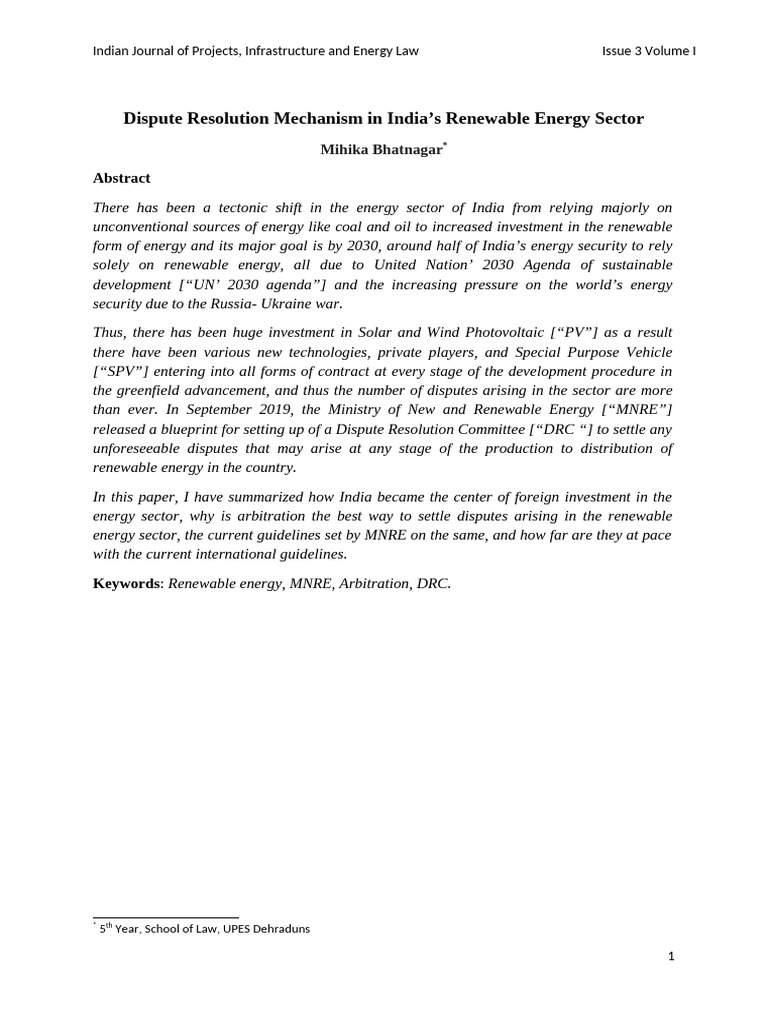 Dispute Resolution Mechanism in India S Renewable Energy Sector | PDF ...