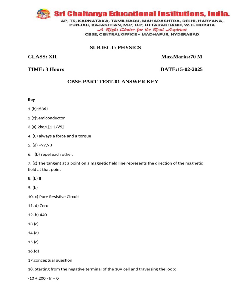SUBJECT - PHYSICS Answer Key | PDF | Magnetism | Ferromagnetism