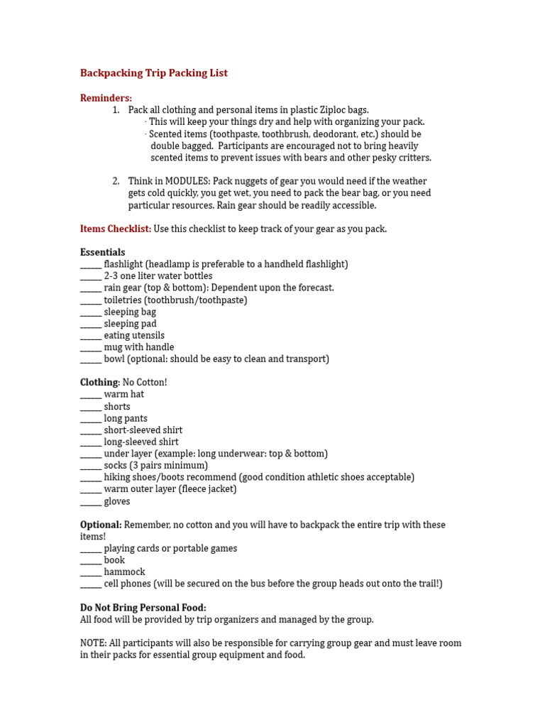 Backpacking Trip Packing List | PDF
