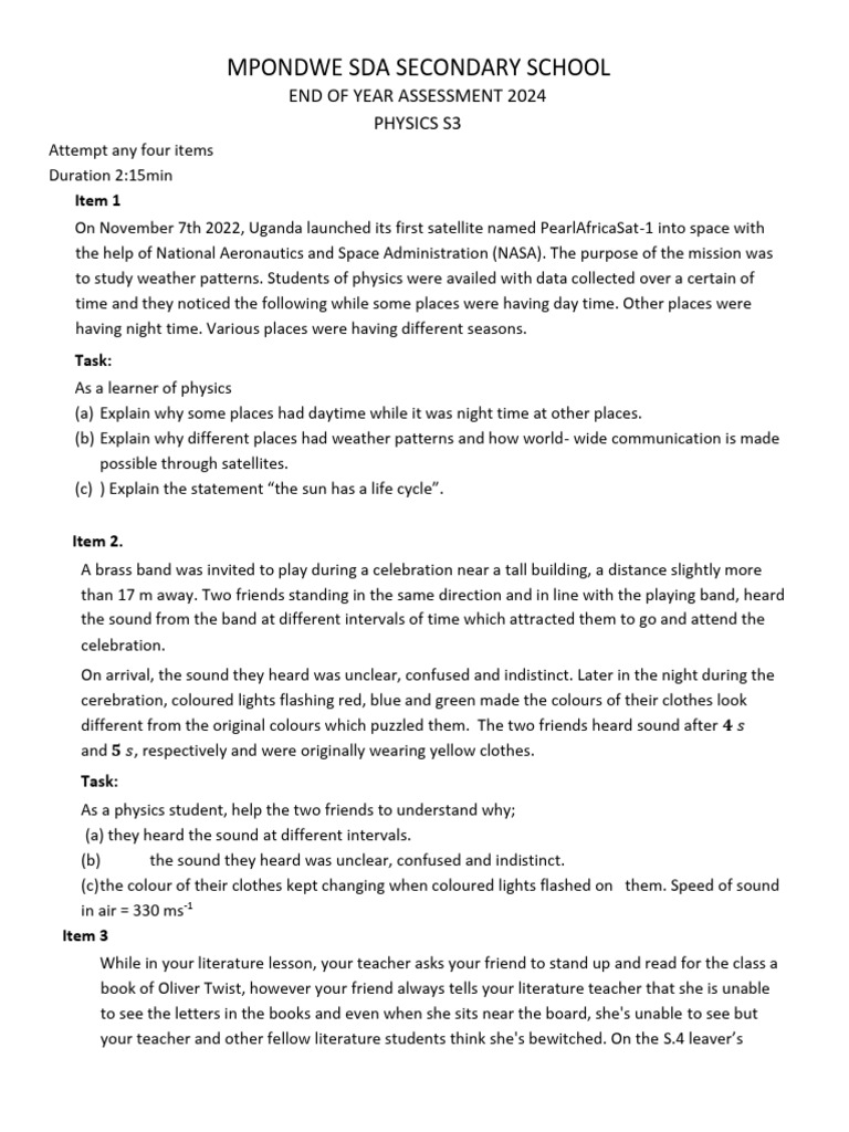 Physics Mpondwe Sda Secondary School End of Year Assessment 2024 Physics S.3 | PDF | Water | Ice