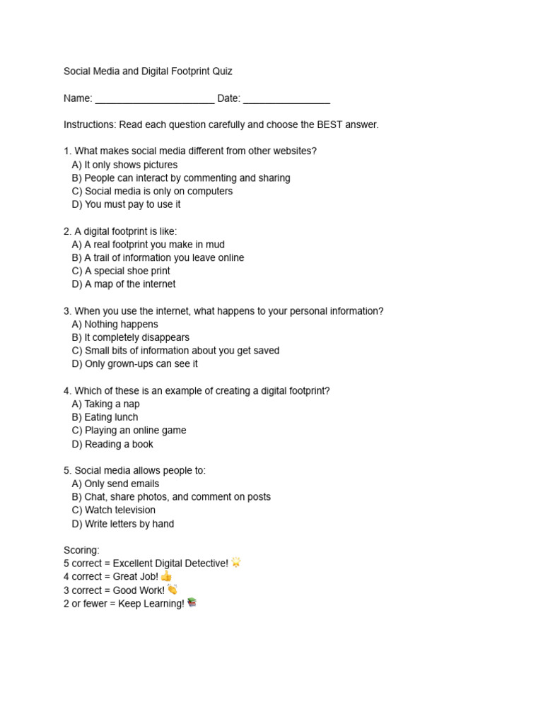 Social Media and Digital Footprint Quiz | PDF