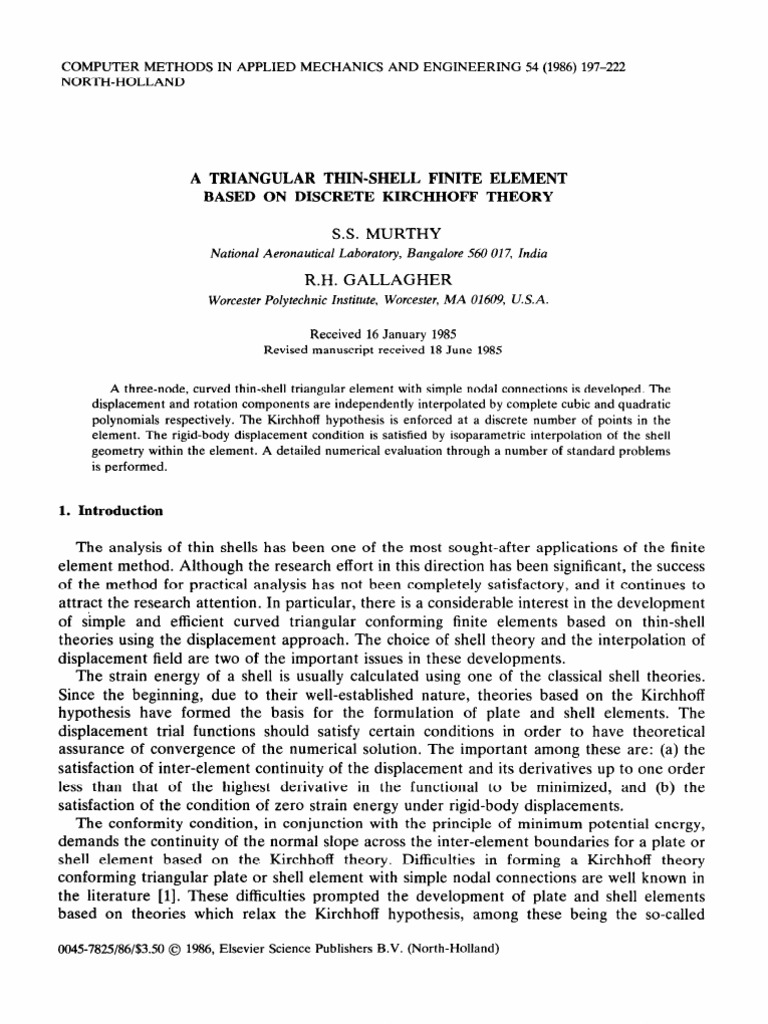 1986 A Triangular Thin-Shell Finite Element | PDF | Tensor | Mechanics