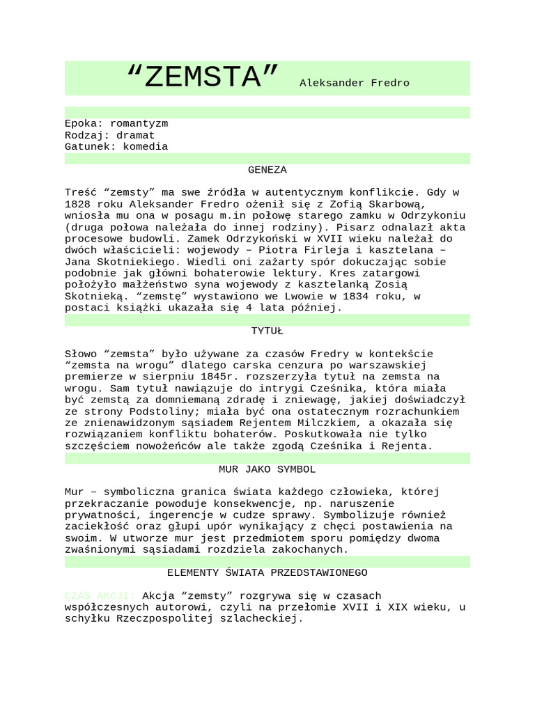 "Zemsta" Aleksander Fredro | PDF
