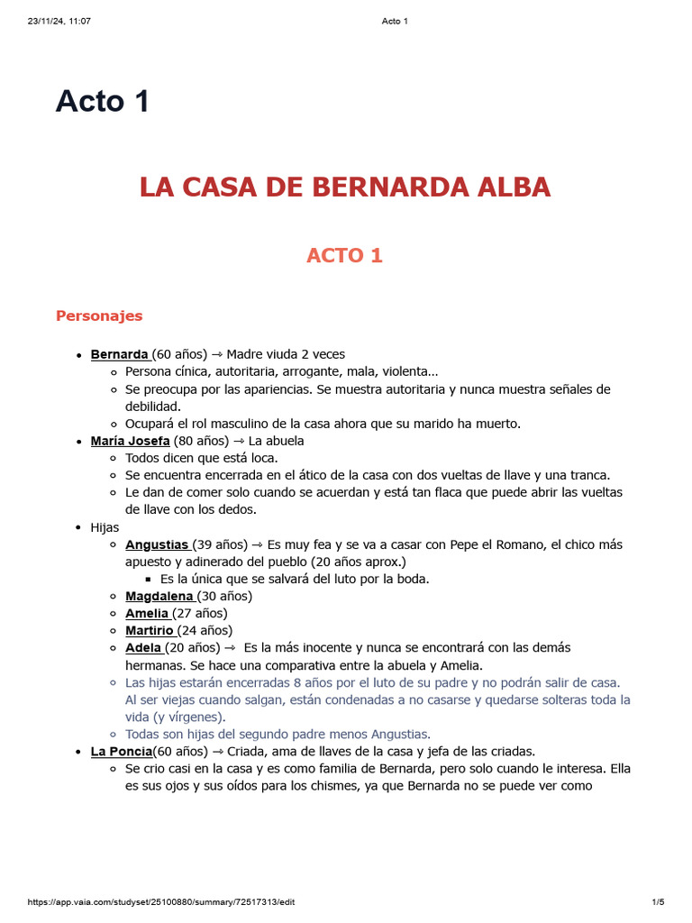 La Casa de Bernarda Alba - Resumen Acto 1 | PDF