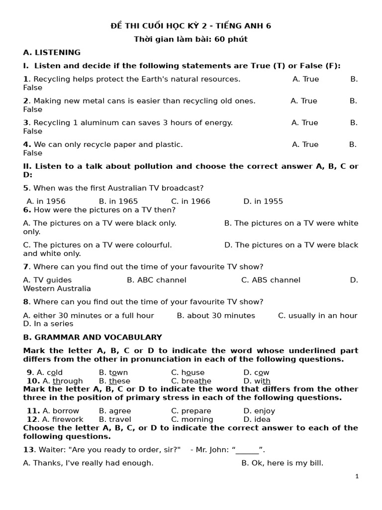 English 6 Final Exam - Listening & Grammar | PDF | Underwater Diving ...