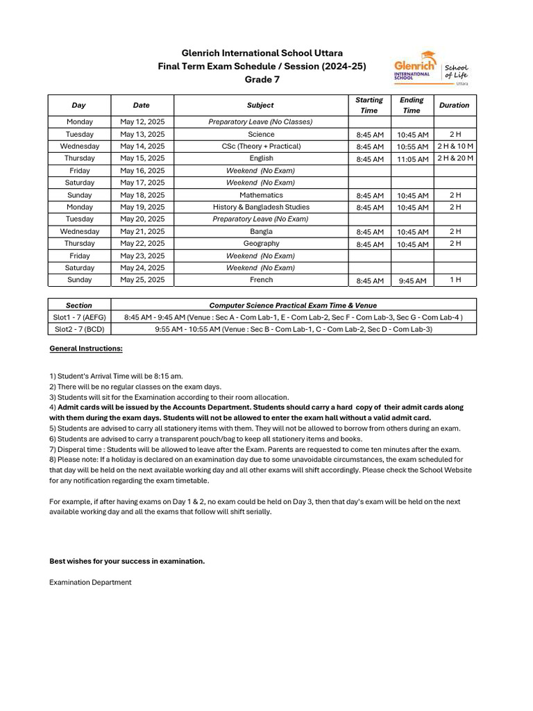 Grade_7_Final_Term_Exam_Schedule | PDF
