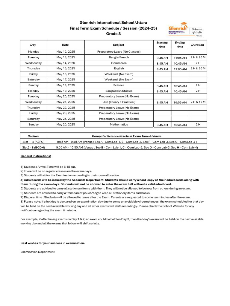 Grade 8 Final Term Exam Schedule | PDF