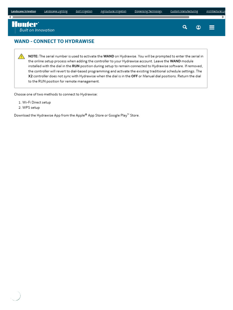 WAND - Connect To Hydrawise - Hunter Industries | PDF