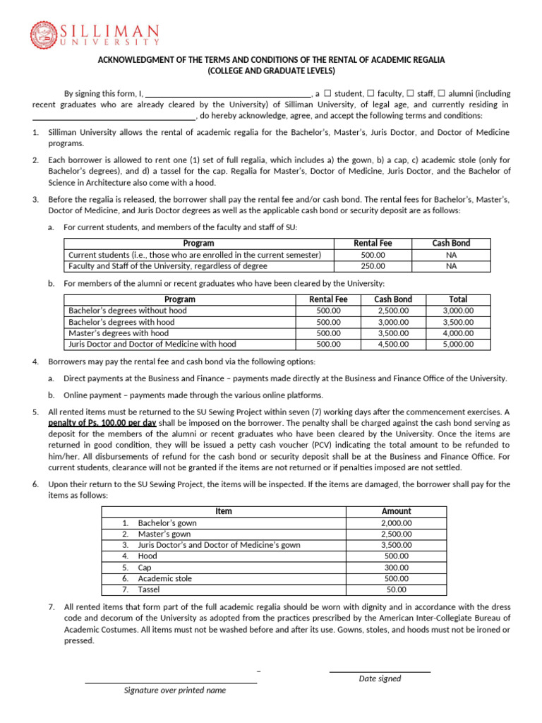 Acknowledgment Toga Rental SU Borrowers | PDF | Higher Education