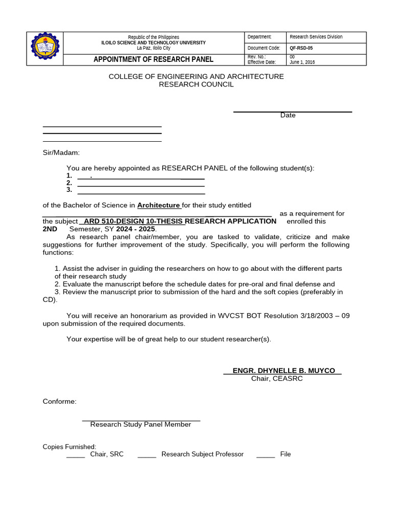 RSD 05 Arch Appointment of Research Panel Blank Copy 2 | PDF