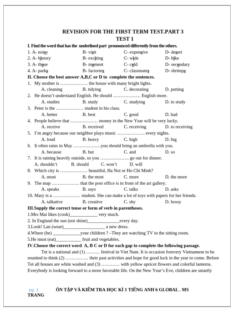 10 ĐỀ KTRA HKI 1.E6 | PDF